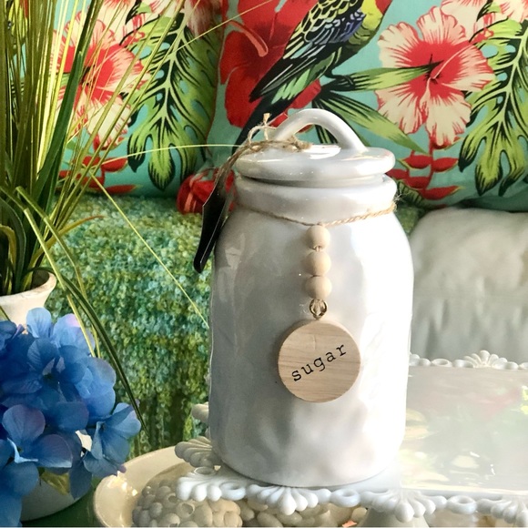 Kitchen | New Rippled White Ceramic Canister With Wood Beaded Sugar Tag ...